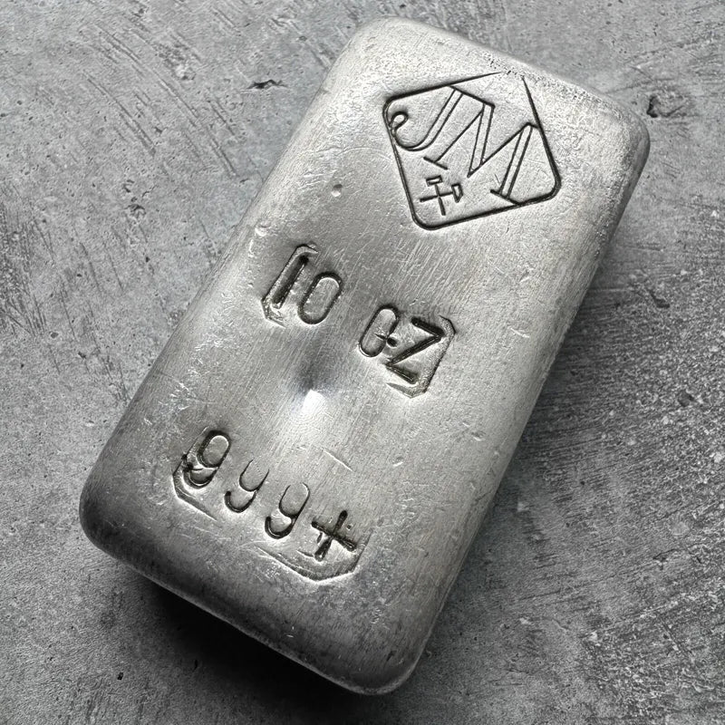 10 oz Johnson Matthey .999 Silver Poured bar - Large Logo – CoinWatchCo