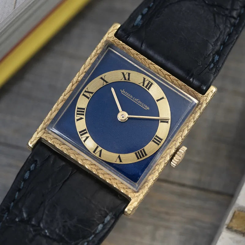 1970 Jaeger Lecoultre Tank solid 18k yellow Gold Wristwatch Blue Dial ...