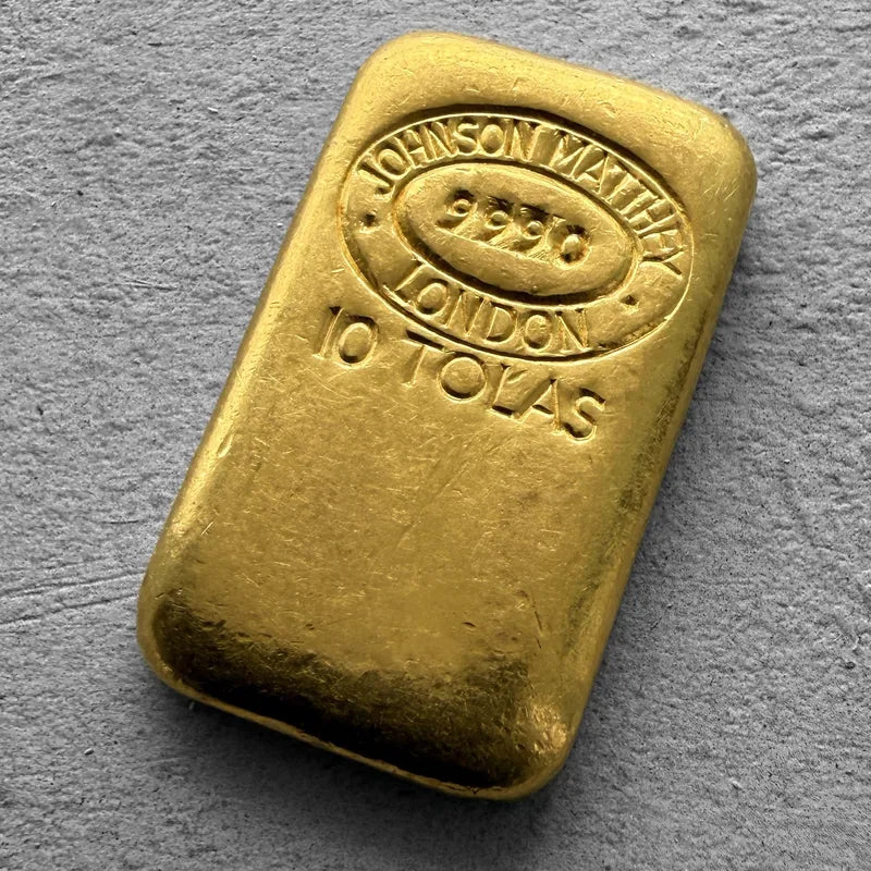 Johnson Matthey London 10 Tola .9999 Gold Poured Bar – CoinWatchCo