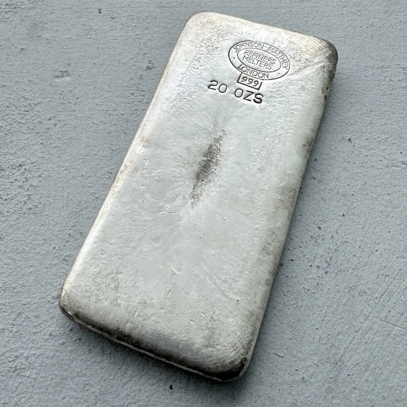 Vintage 20 oz .999 Silver Johnson Matthey London Poured bar - Linden F ...